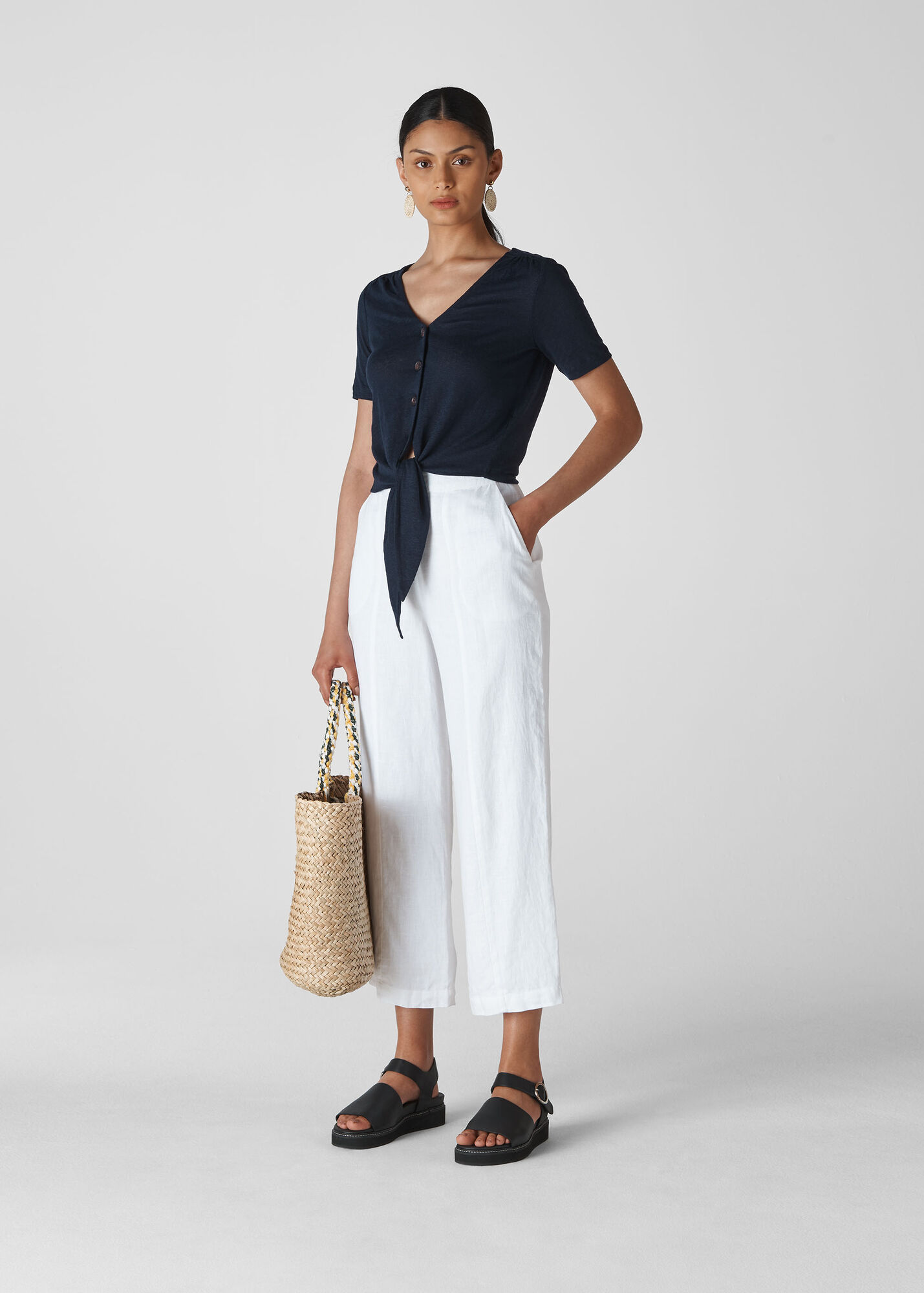 Navy Linen Button Front Tie Top Whistles Whistles Uk