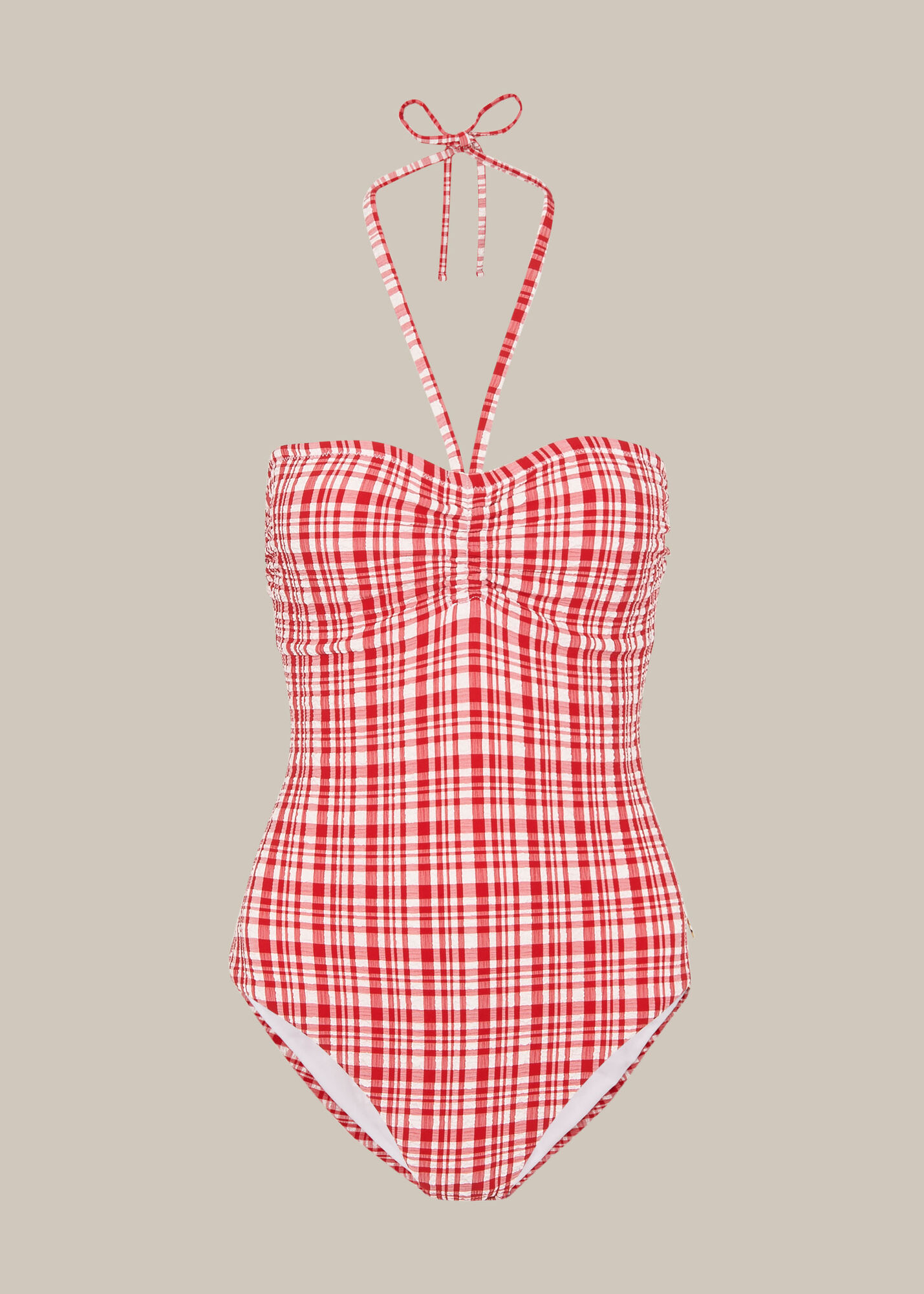Red/Multi Check Halterneck Swimsuit | WHISTLES | Whistles UK