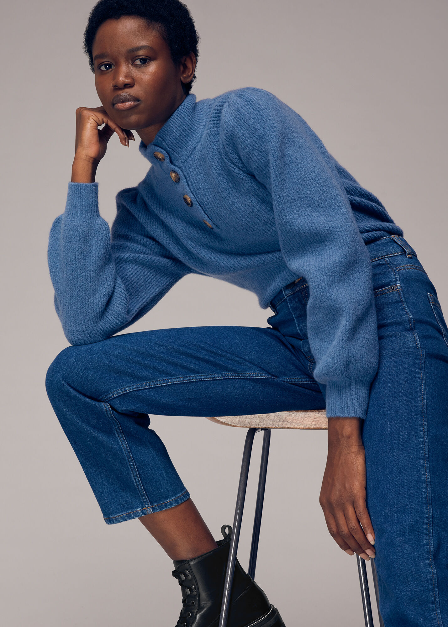 Blue Puff Sleeve Button Sweat | WHISTLES | Whistles UK