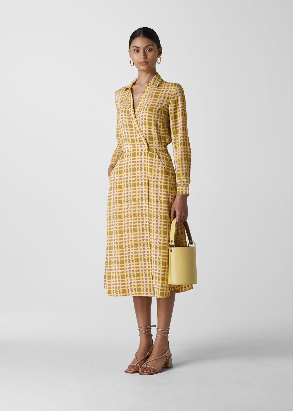 Yellow/Multi Painted Check Wrap Shirt Dress | WHISTLES | Whistles US