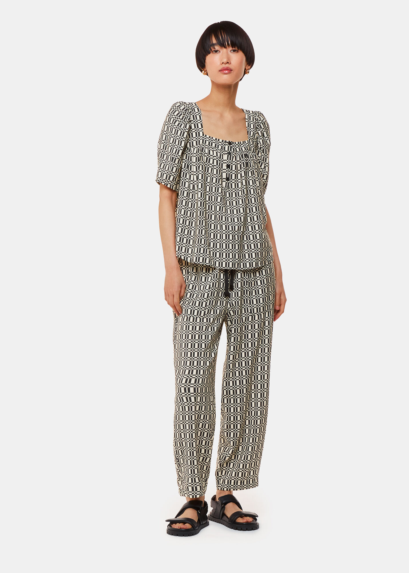 Black/Multi Link Check Square Neck Top | WHISTLES | Whistles US