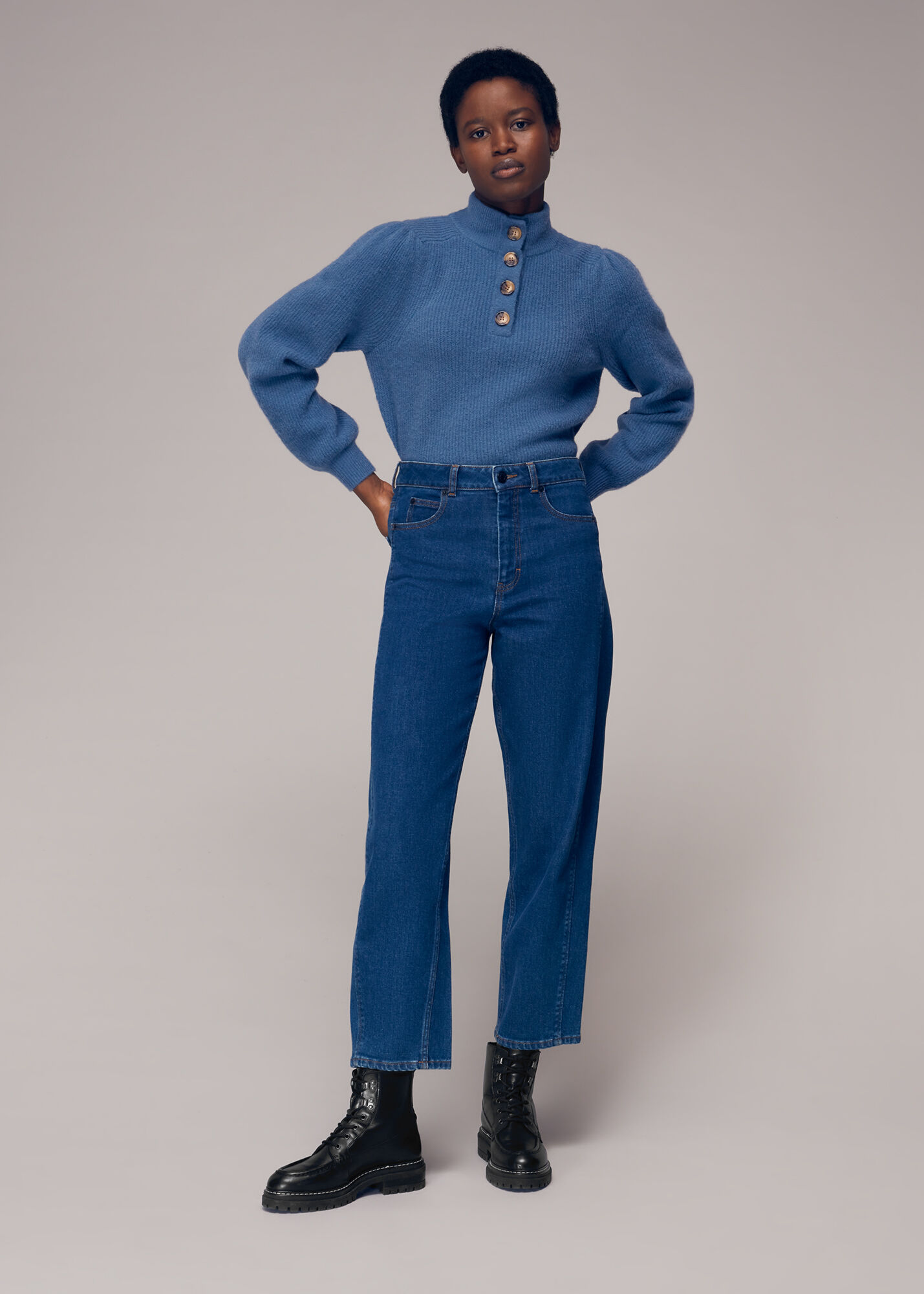 Blue Puff Sleeve Button Sweat | WHISTLES | Whistles UK