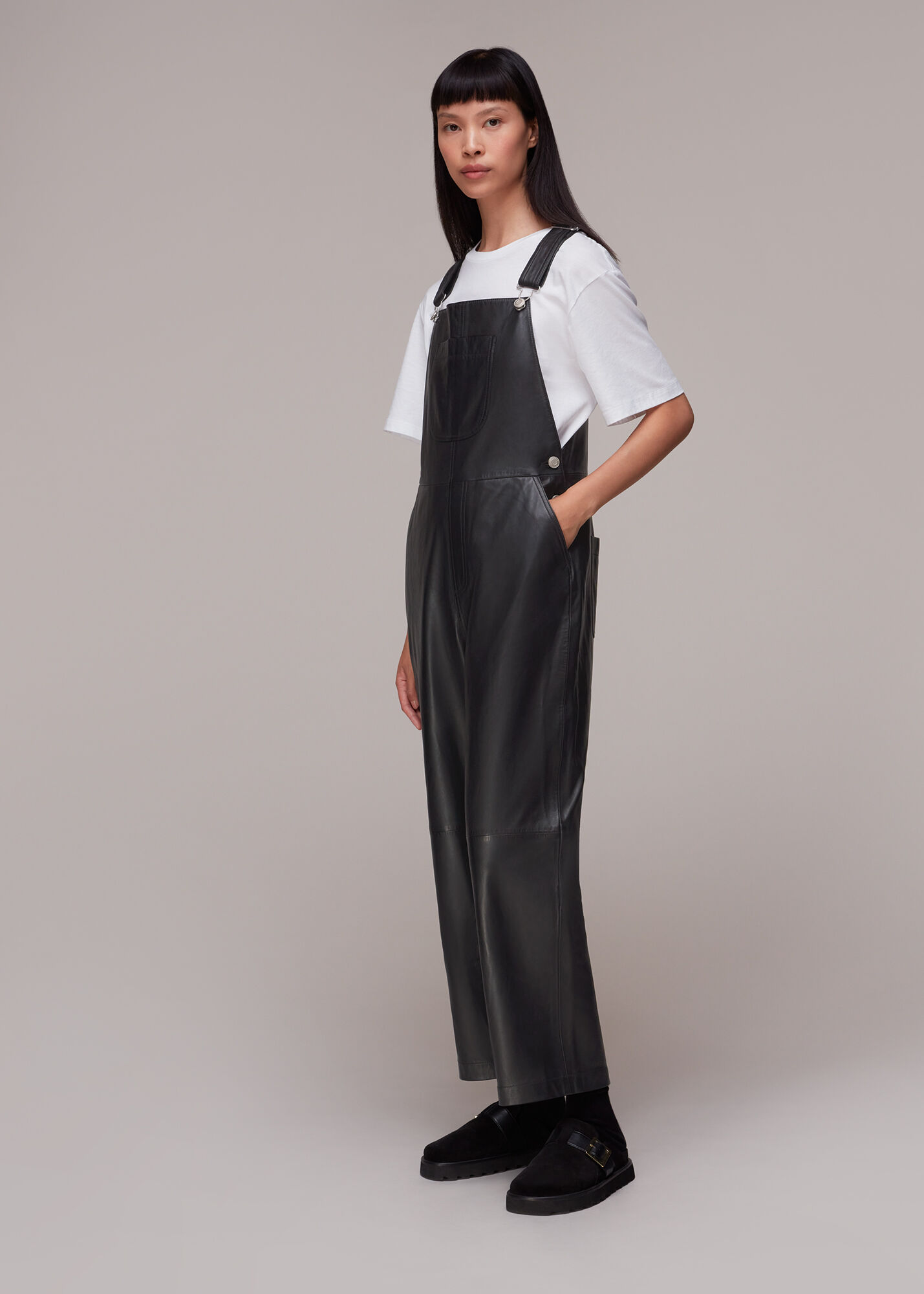 Black Peyton Leather Dungarees | WHISTLES