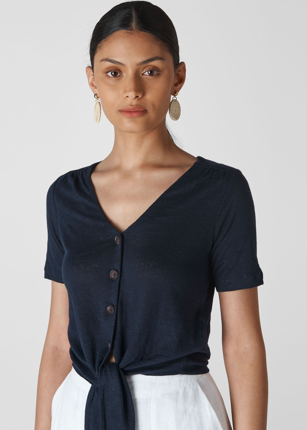Navy Linen Button Front Tie Top Whistles Whistles Uk
