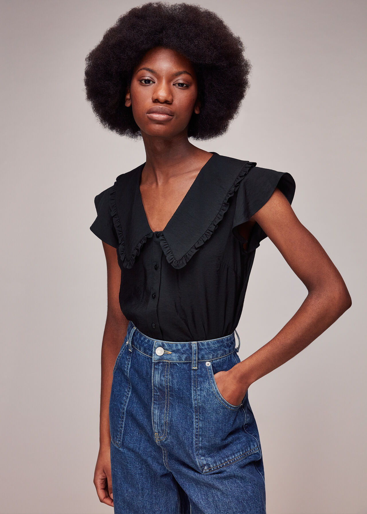 Black Short Sleeve Collar Top | WHISTLES