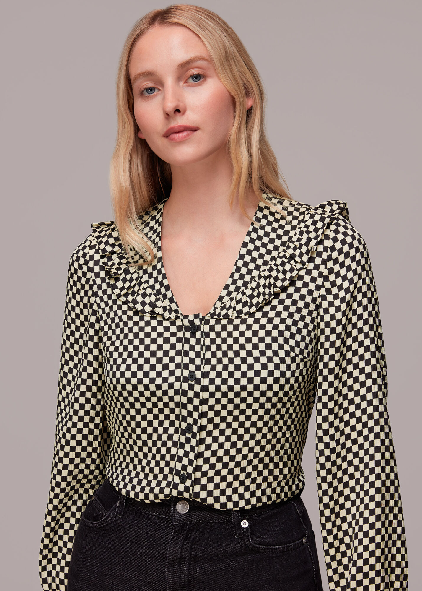 Black/Multi Checkerboard Collar Detail Top | WHISTLES