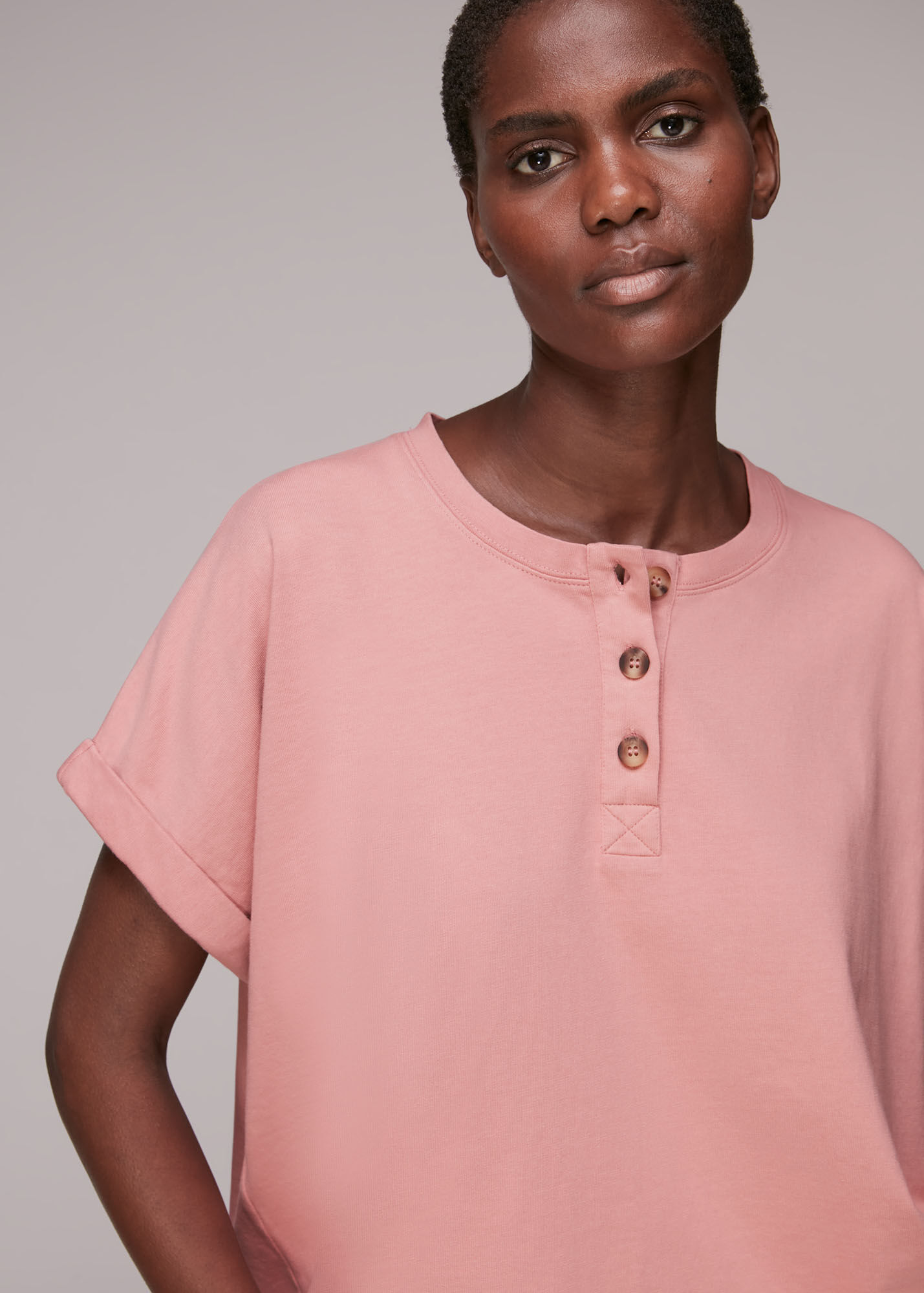 Pink Round Neck Henley Tee | WHISTLES | Whistles US