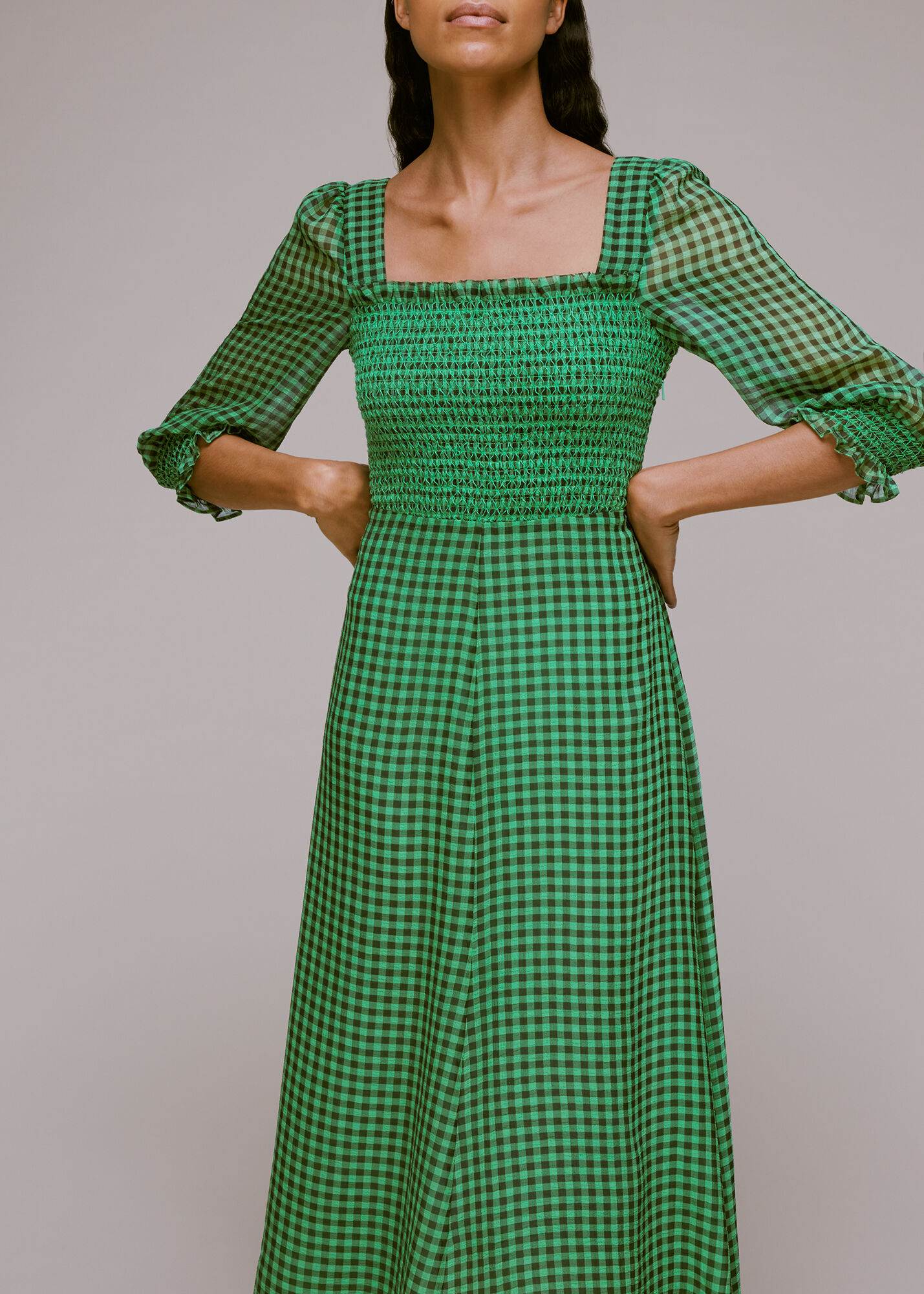 Green Multi Lottie Gingham Shirred Dress Whistles Whistles Us
