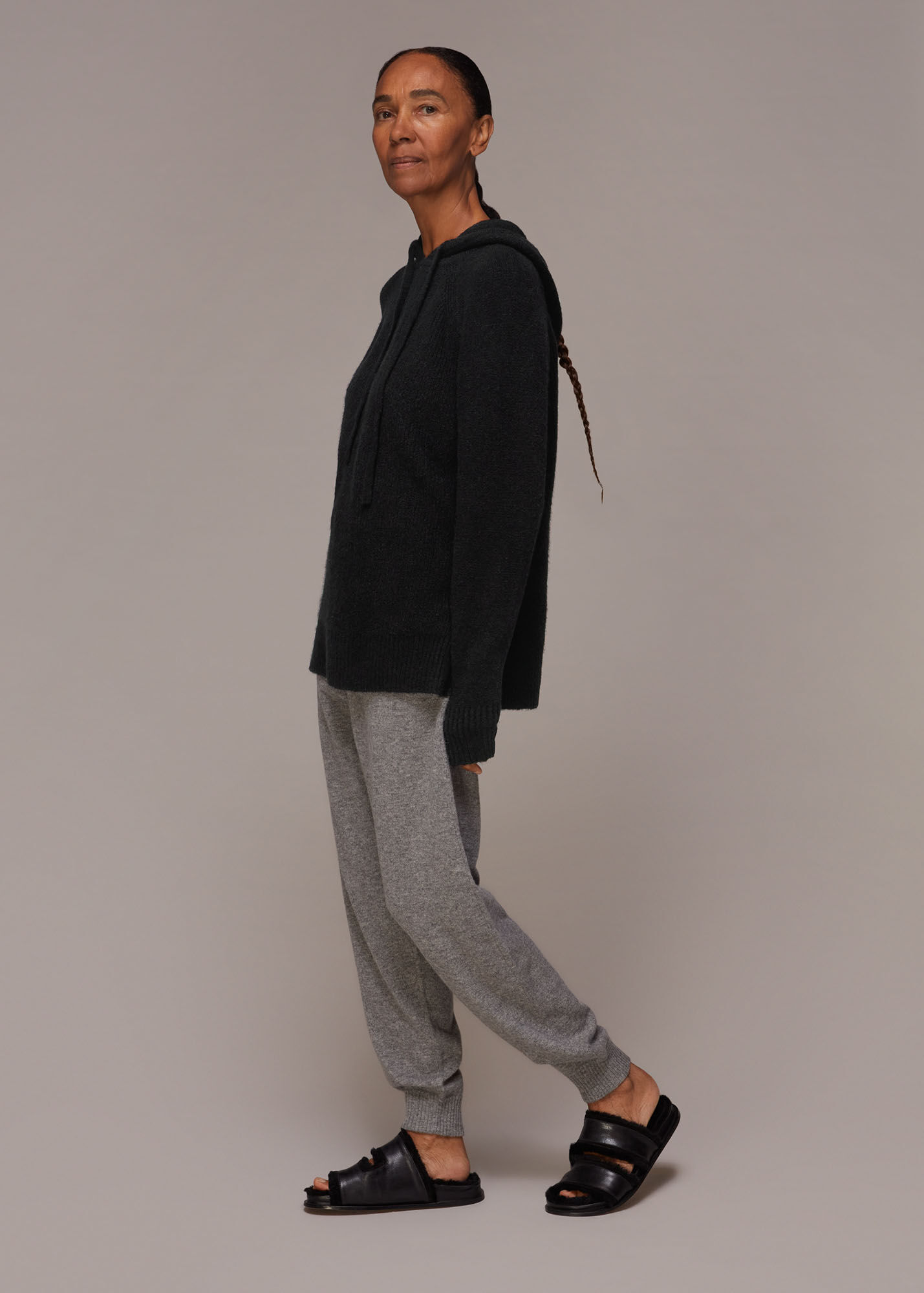 Black Ribbed Knitted Hoodie | WHISTLES | Whistles UK